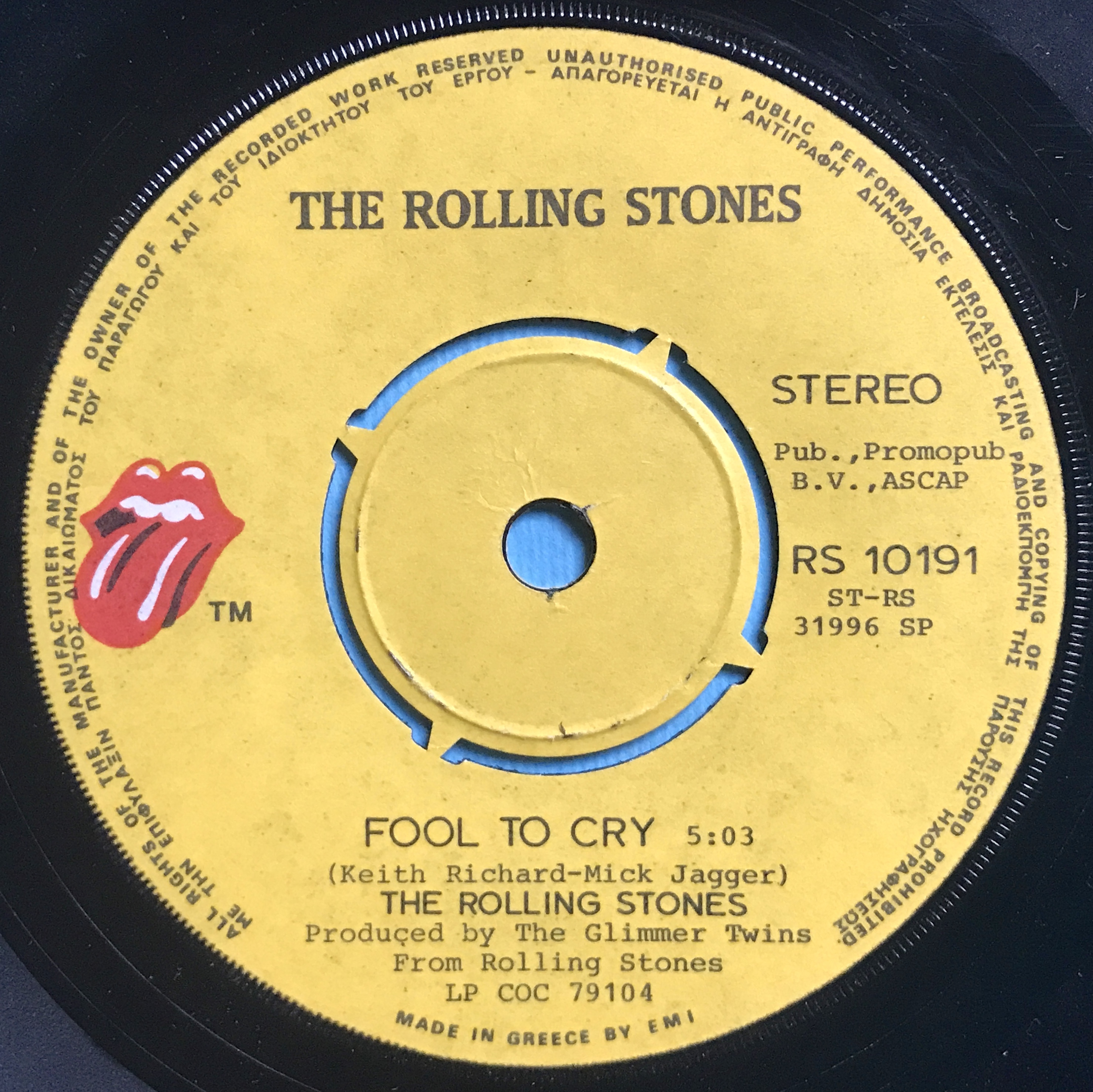 Nostalgipalatset - ROLLING STONES - Fool to cry GREEK 45 1976 Nostalgipalatset - ROLLING STONES - Fool to cry GREEK 45 1976